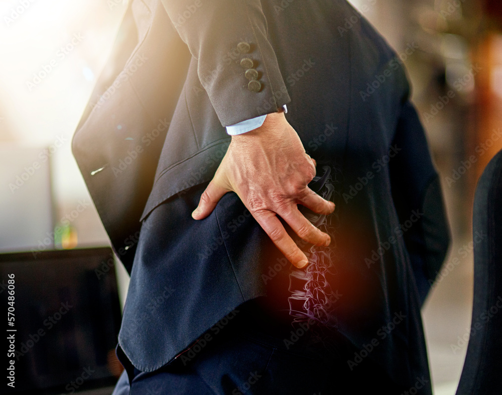 Businessman, hand and back pain from work injury, accident or bad ...