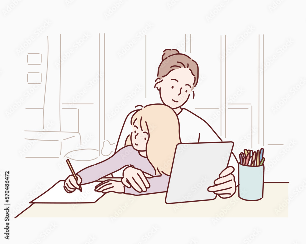 Young mother with child working on the computer from home. Hand drawn ...