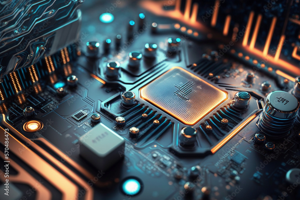 Cybernetic technology, motherboard with electronic circuits and CPU ...