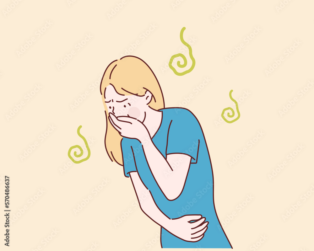 Woman suffering from nausea, vomit, morning sickness symptoms. Hand ...