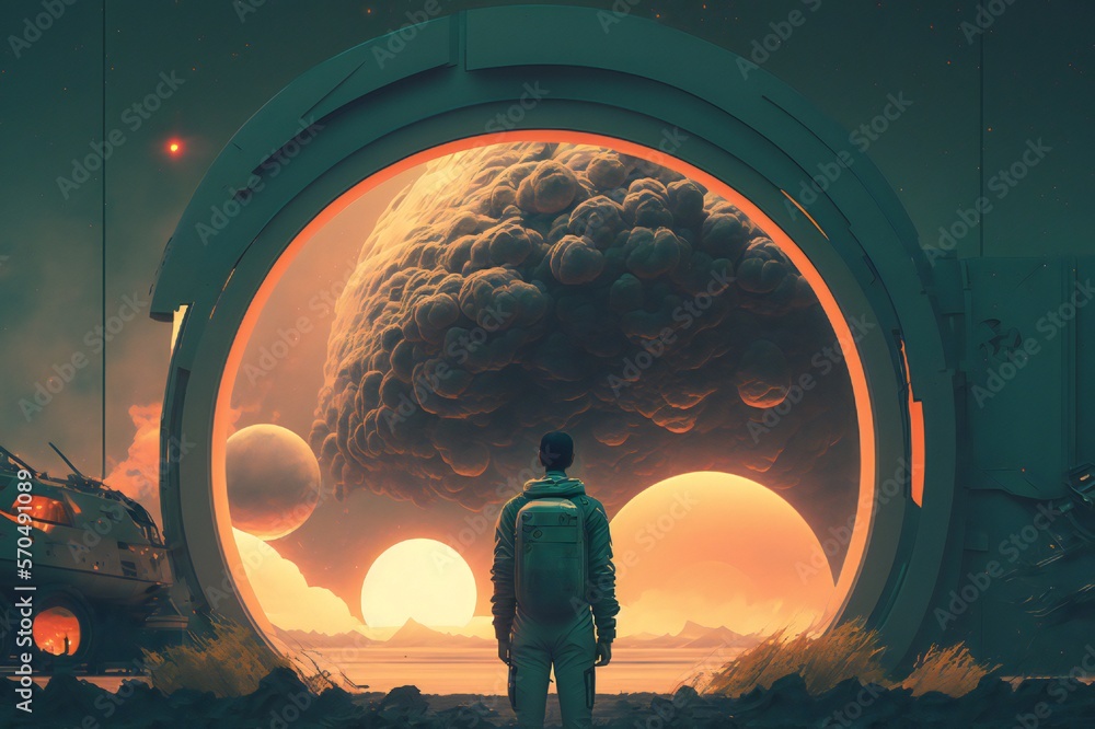 Astronaut Looking Through a Technological Portal at an Alien Planet ...