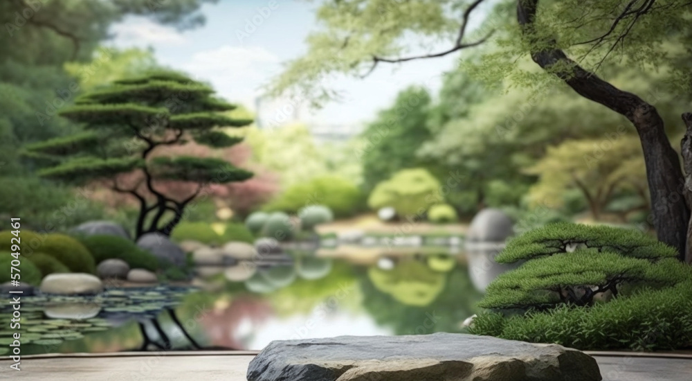 Stone rock empty pedestal atop wood surface, blurred Japanese pond ...