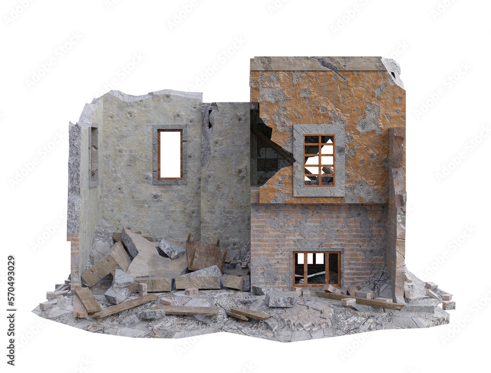 Small size building damaged after war. 3d render isolated Stock ...