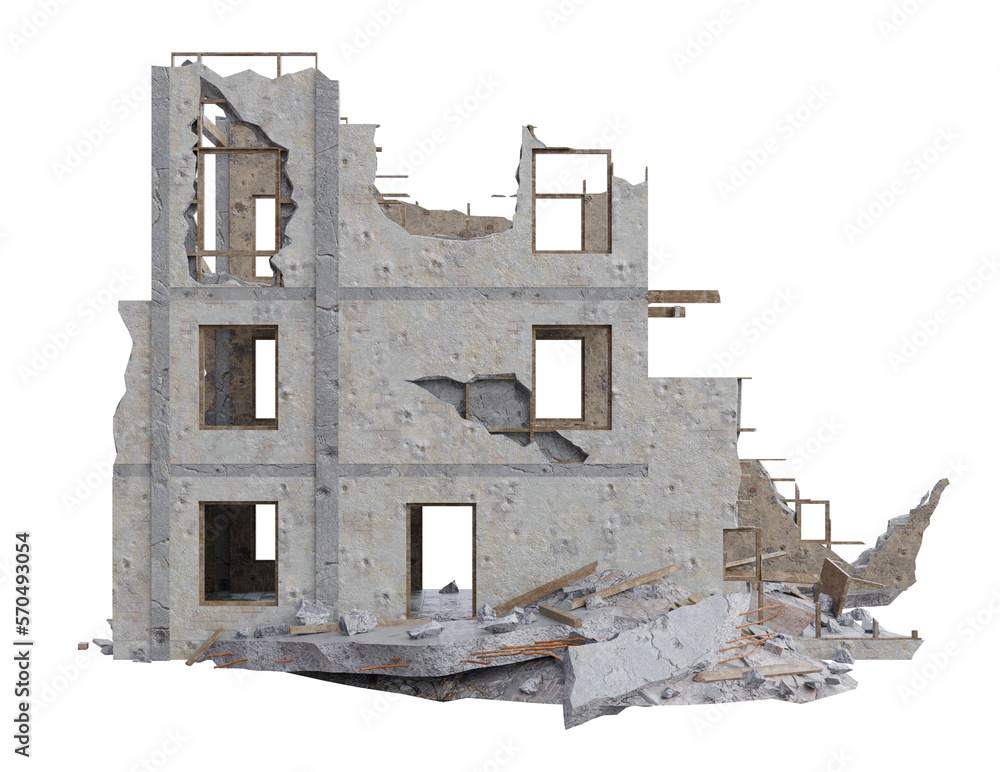 Small size building damaged after war. 3d render isolated Stock ...