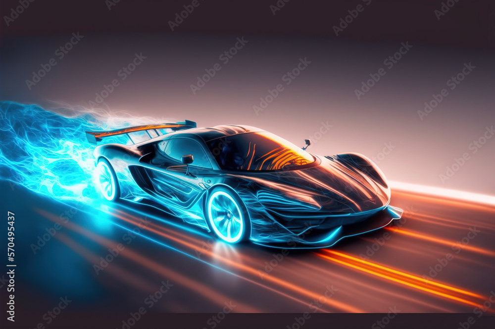 Speeding fast sports car drives on highway road with motion blur ...