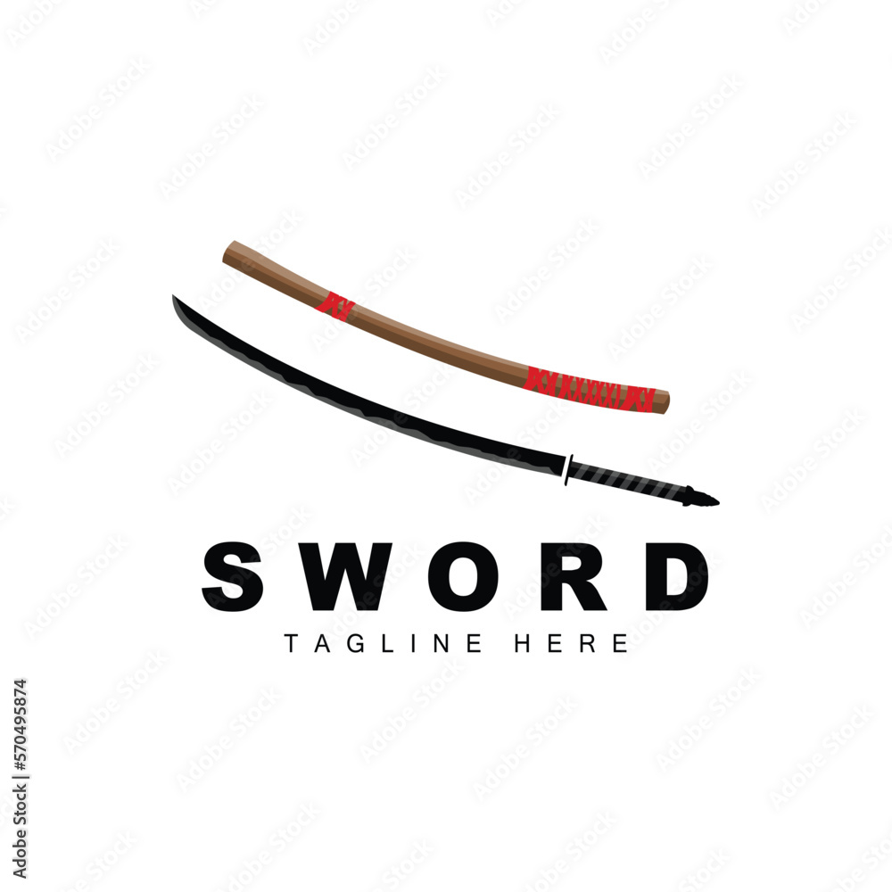 Sword Logo, Samurai Katana Monochrome Design, Vector War Weapon Cutting ...