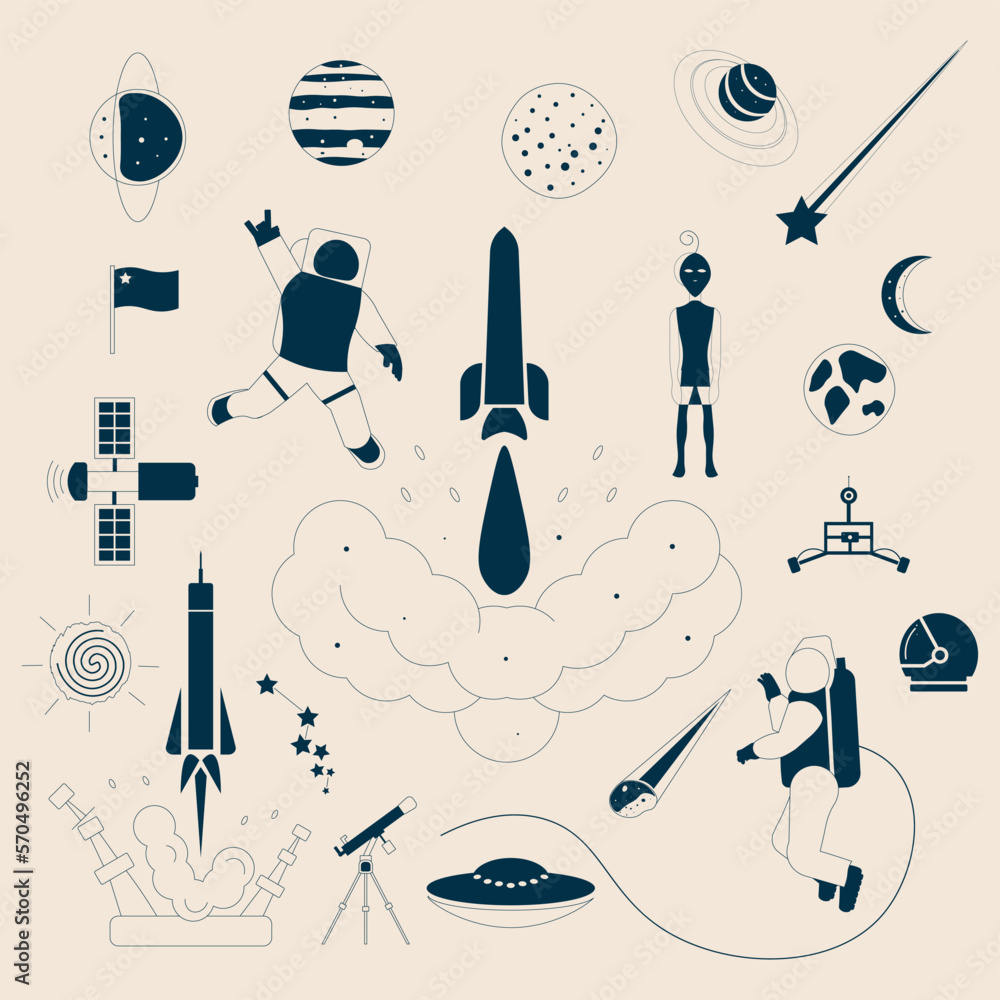 Collection of flat-style outer space, satellite, spacecraft, planets ... Collection of flat-style outer space, satellite, spacecraft, planets ...