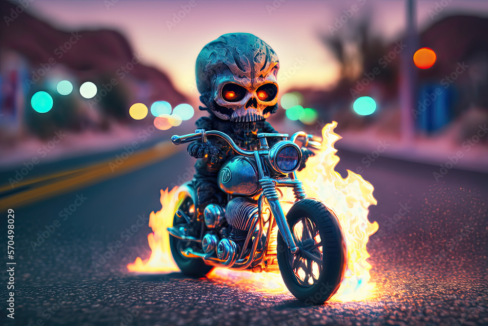 Baby Ghost Rider on a burning motorcycle. surreal fantasy generative ai ...