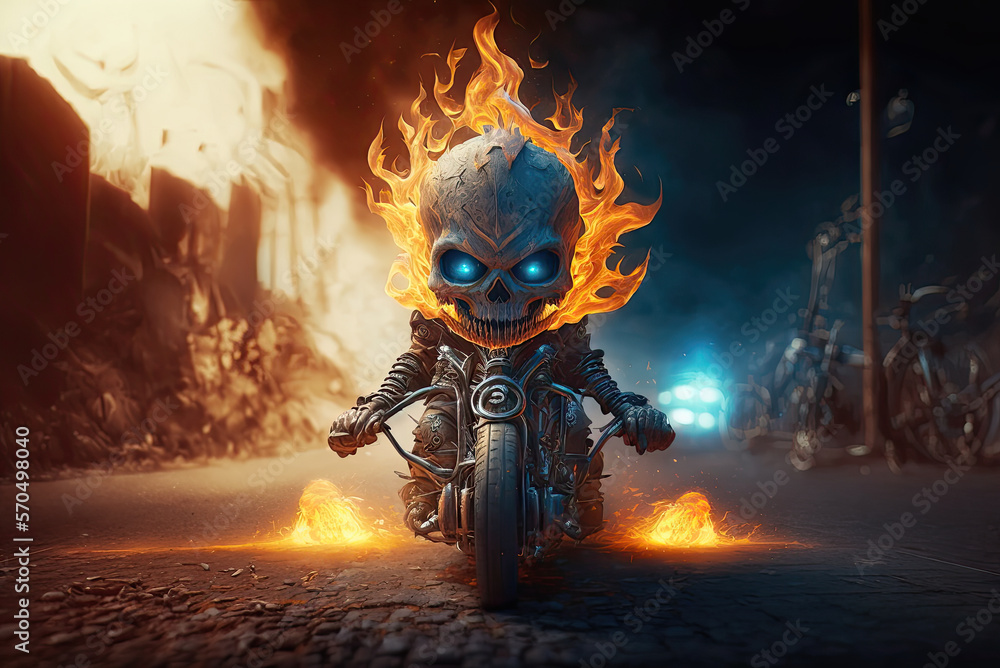 Baby Ghost Rider on a burning motorcycle. surreal fantasy generative ai ...