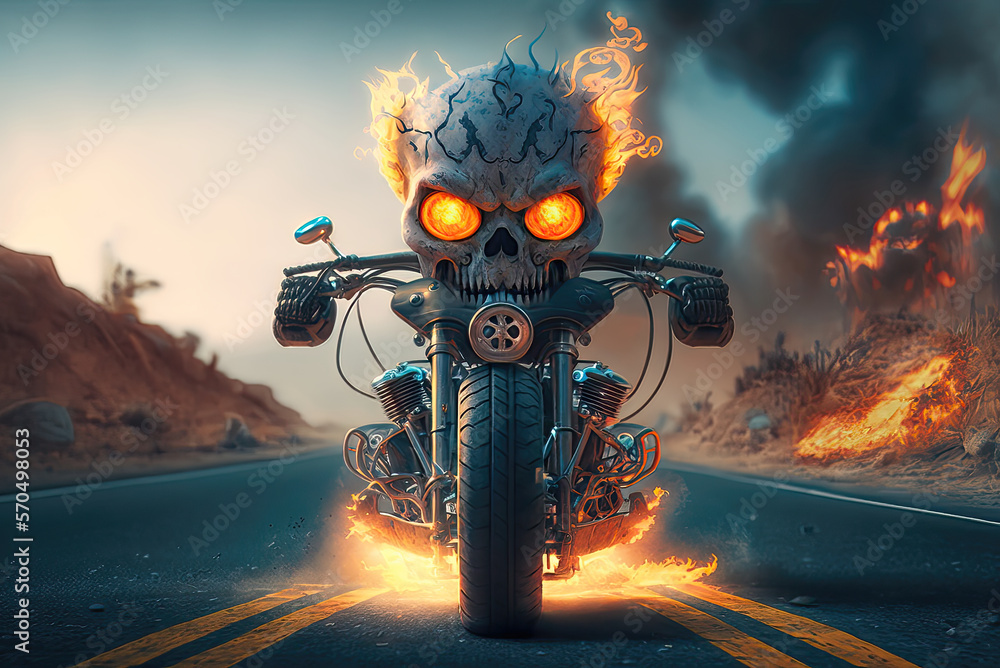 Baby Ghost Rider on a burning motorcycle. surreal fantasy generative ai ...
