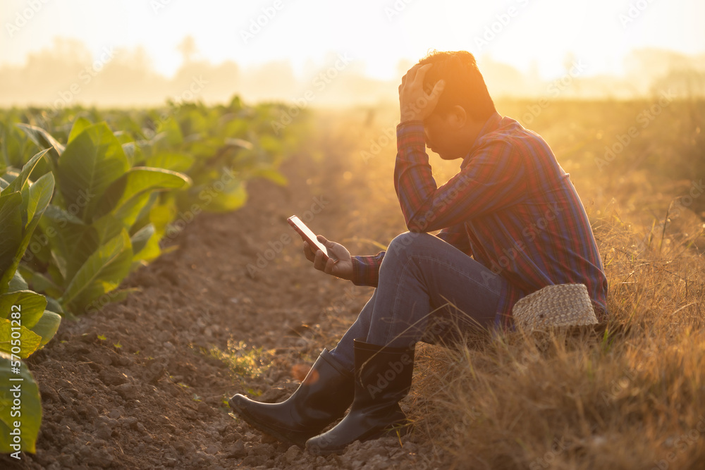 Fail, unsuccessful or very tired farmer concept. Asian farmer is ...