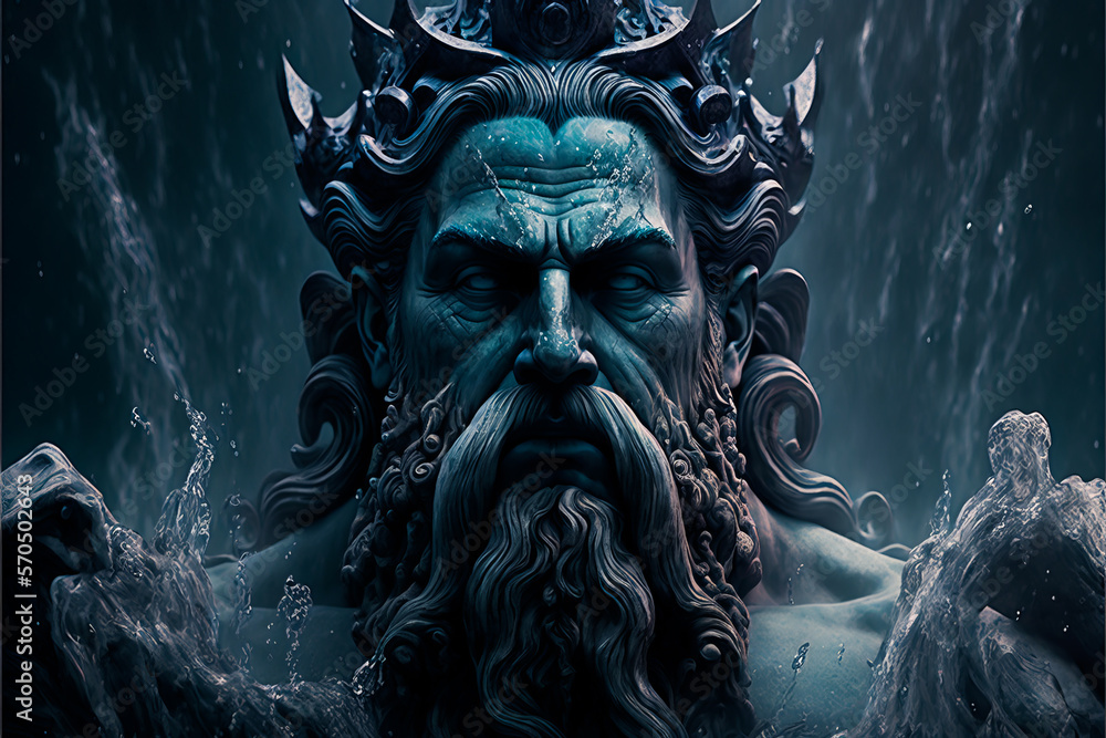 Portrait of Poseidon with glowing eyes and water drops on blue background, Generative AI. Mature ...