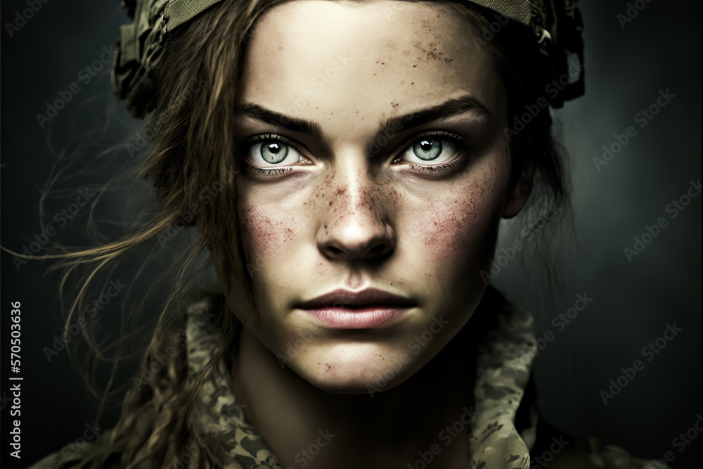 Portrait of young female army soldier. Blood on face of girl in ...