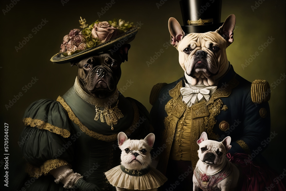 Family of dogs in royal outfits of the Victorian era. Fynny dogs. Royal ...