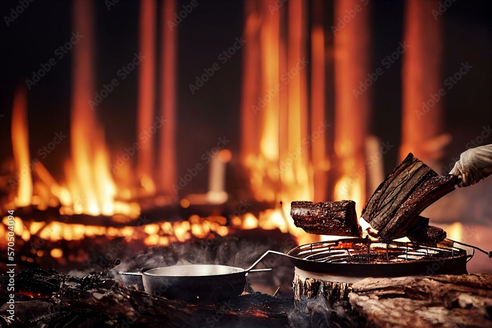 Firewood burns in a round barbecue at night. Dark background. Preparing ...
