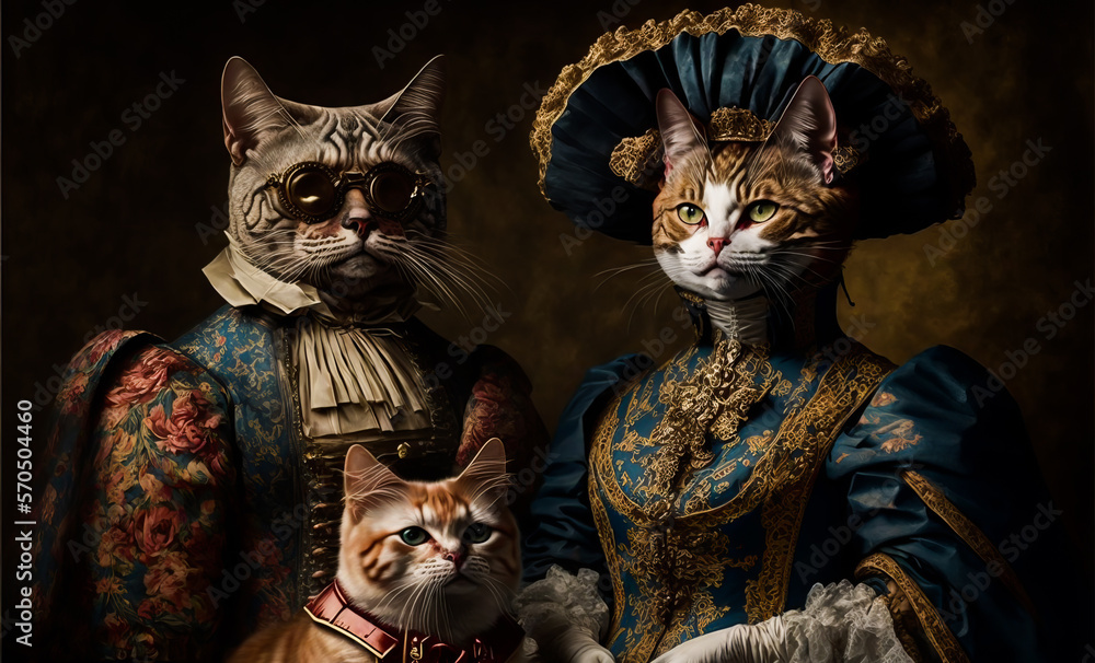 Family of cats in royal outfits of the Victorian era. Fynny cats. Royal cats. Cats as Humans ...