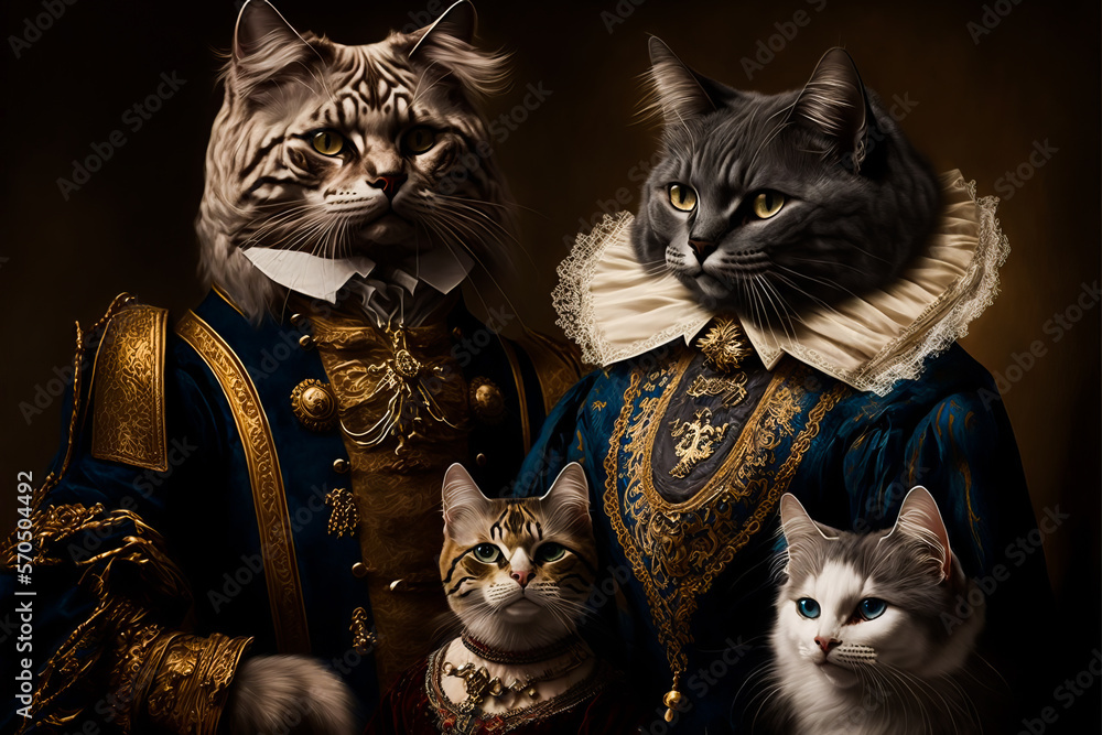 Family of cats in royal outfits of the Victorian era. Fynny cats. Royal cats. Cats as Humans ...