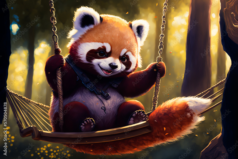 Endangered Red Panda rides on a swing in the green forest. Cute red ...