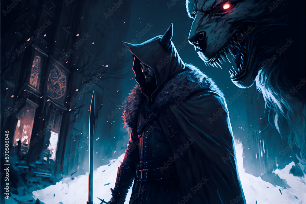 Ilustrace „Warrior with sword with huge dire wolf in the dark forest ...