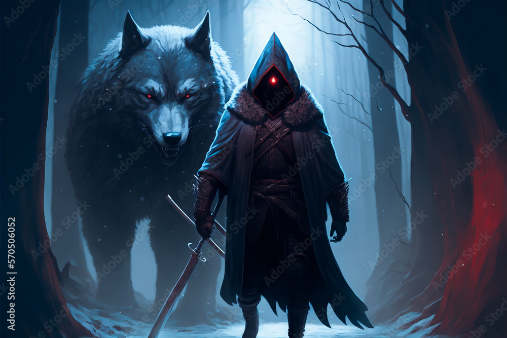 Warrior with sword with huge dire wolf in the dark forest, Generative ...