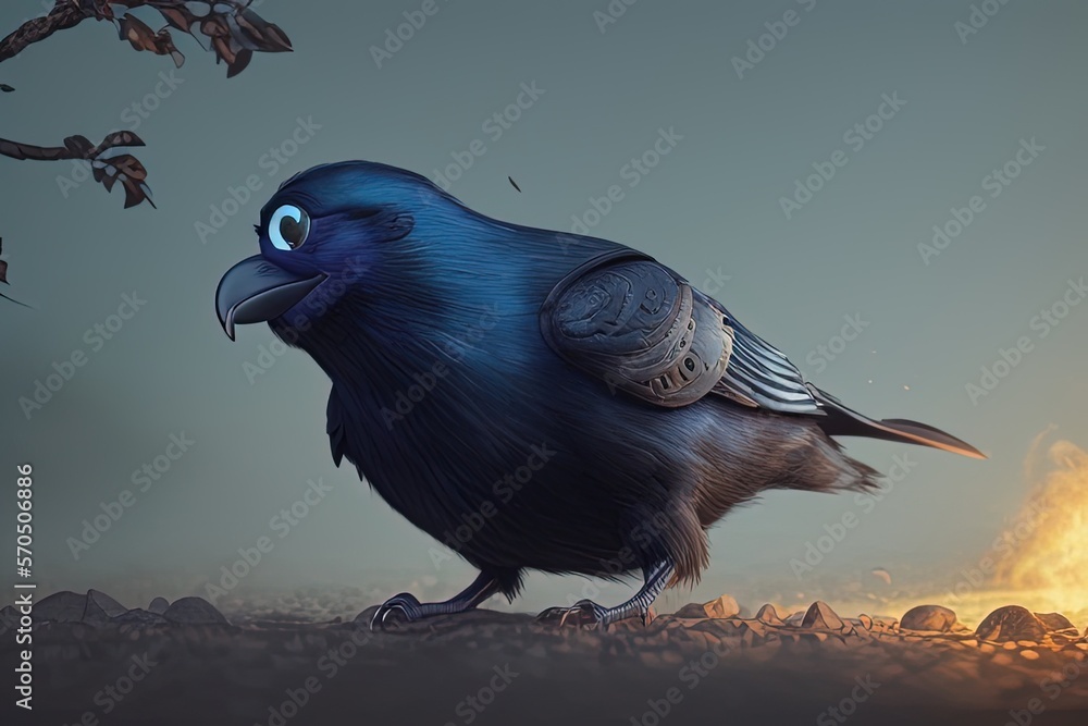 An illustration of a raven bird in a dystopian, apocalyptic world ...