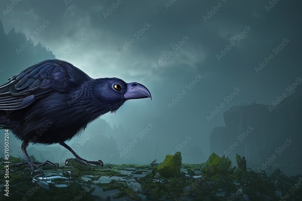 A visually stunning illustration of a raven bird in a dystopian and ...