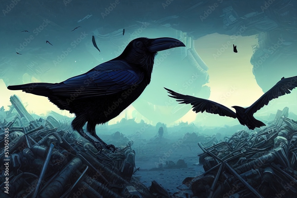 A visually stunning illustration of a raven bird in a dystopian world ...