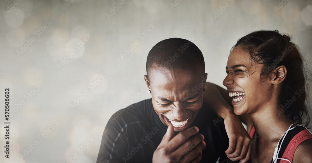 Fitness, happy and couple laughing in a studio after a workout or ...
