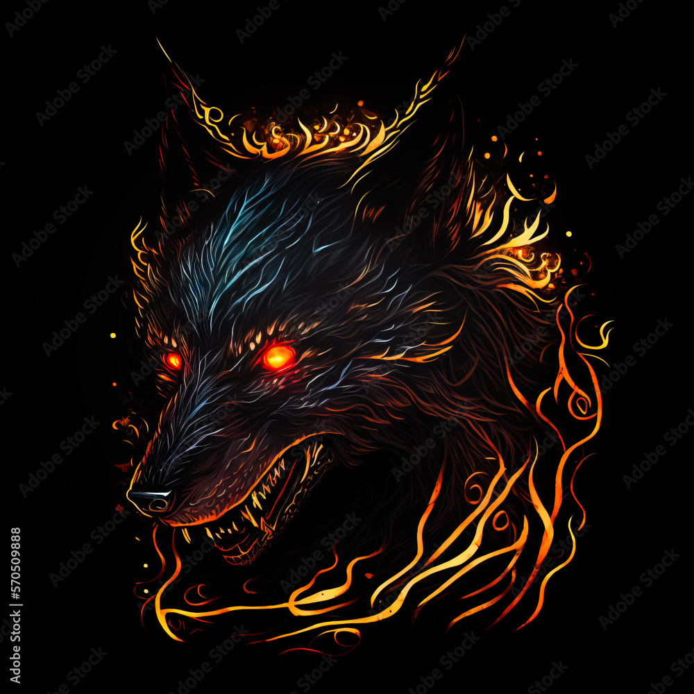 Mystical scandinavian beast wolf Fenrir in flame and darkness. Fenrir's ...
