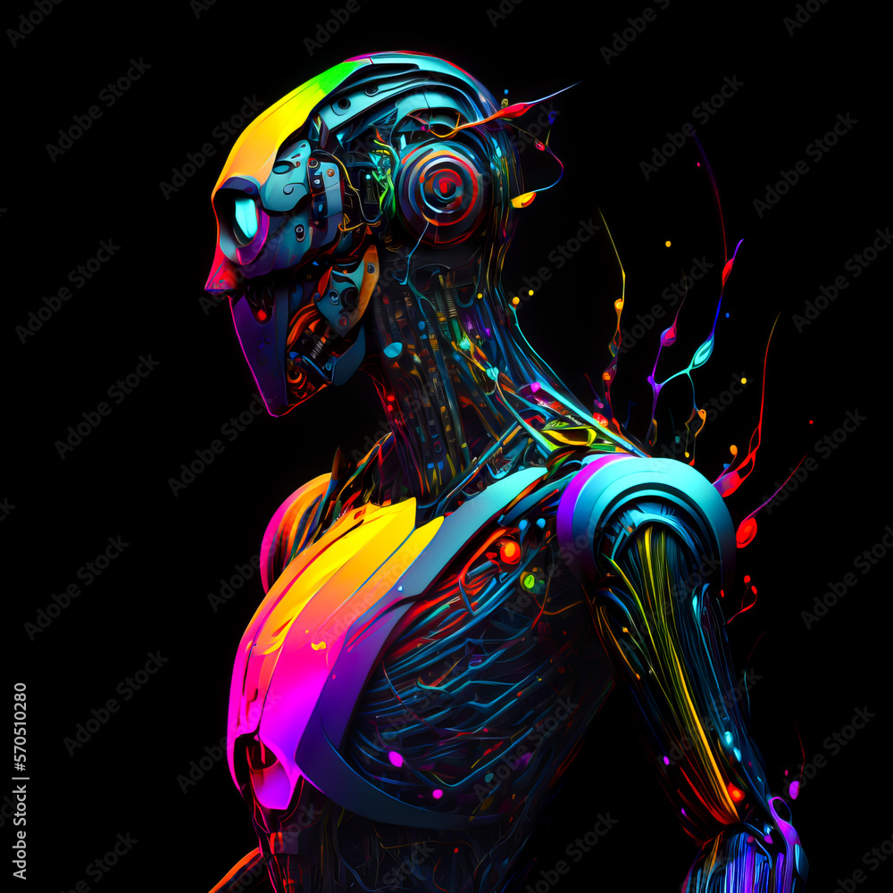 Cyber human robot with neon glowing parts on black background ...
