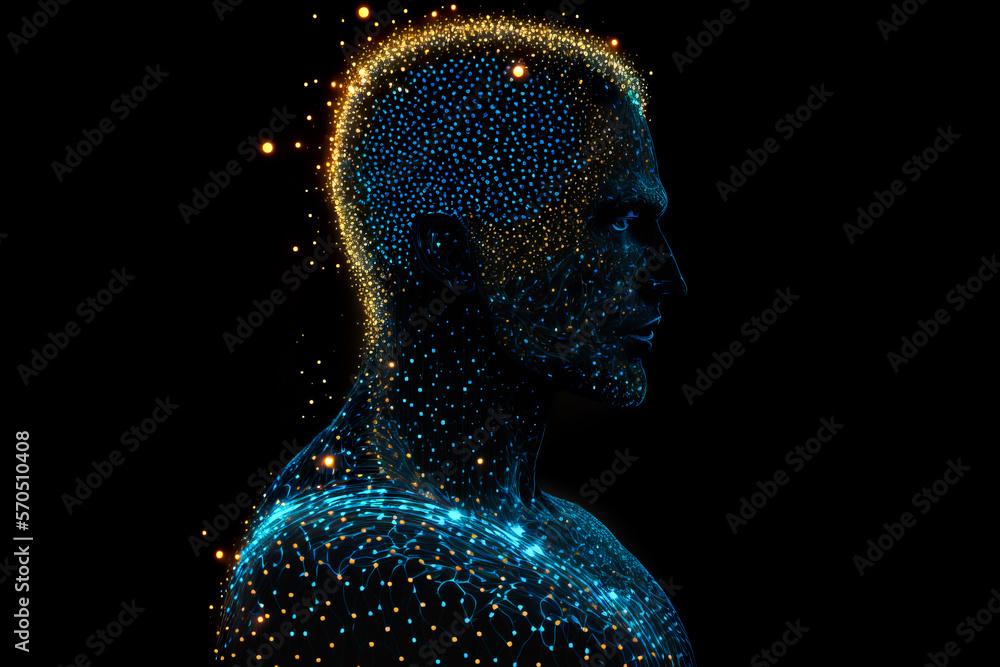 Digital human. New era human concept. Cyber male portrait. Male face ...