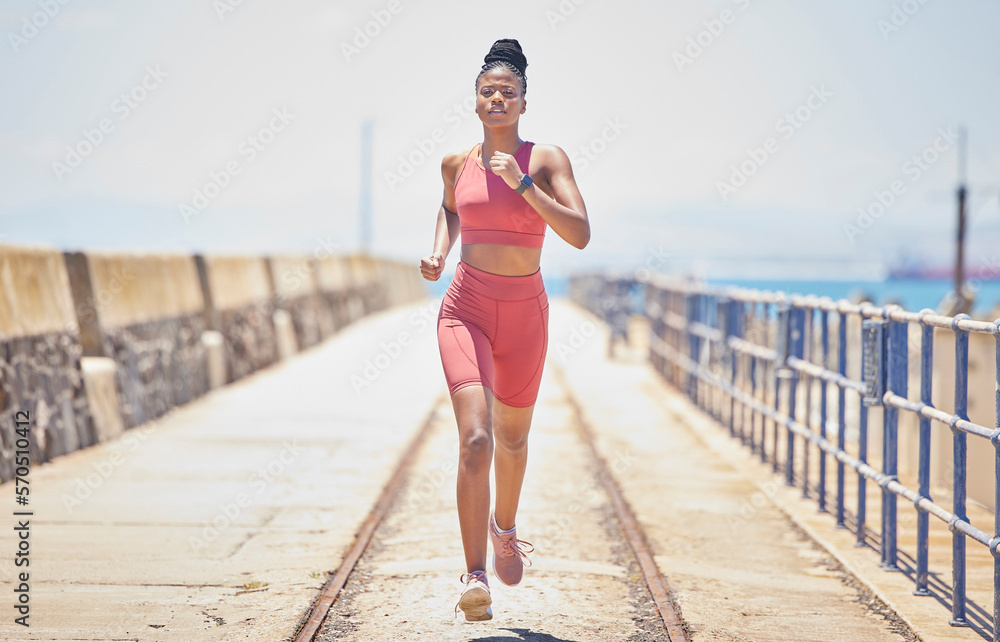 Black woman, running and fitness with runner outdoor, athlete with ...