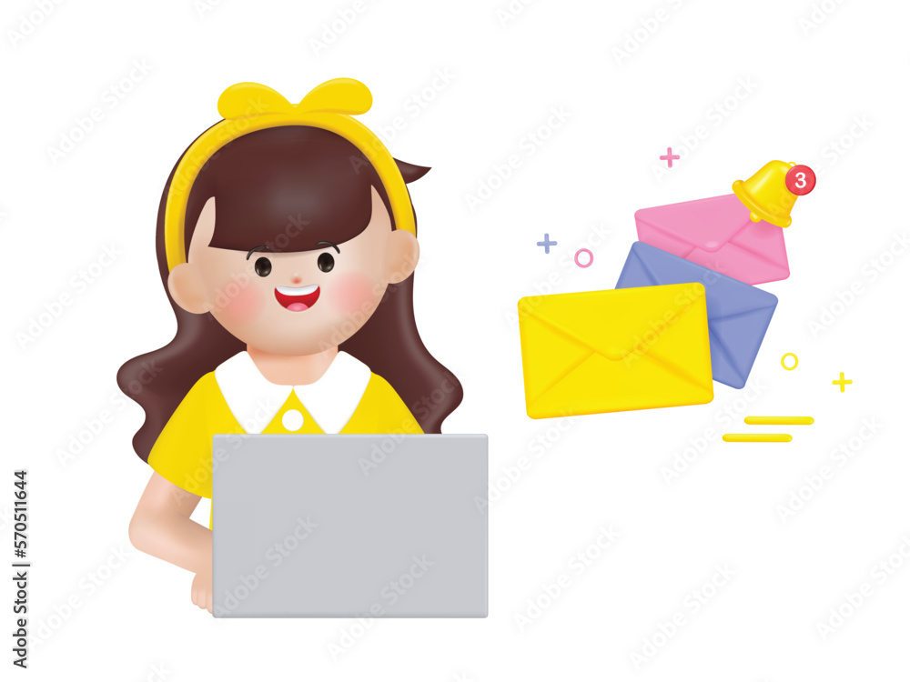3d cartoon woman character Mail service concept. E-mail message, mail ...