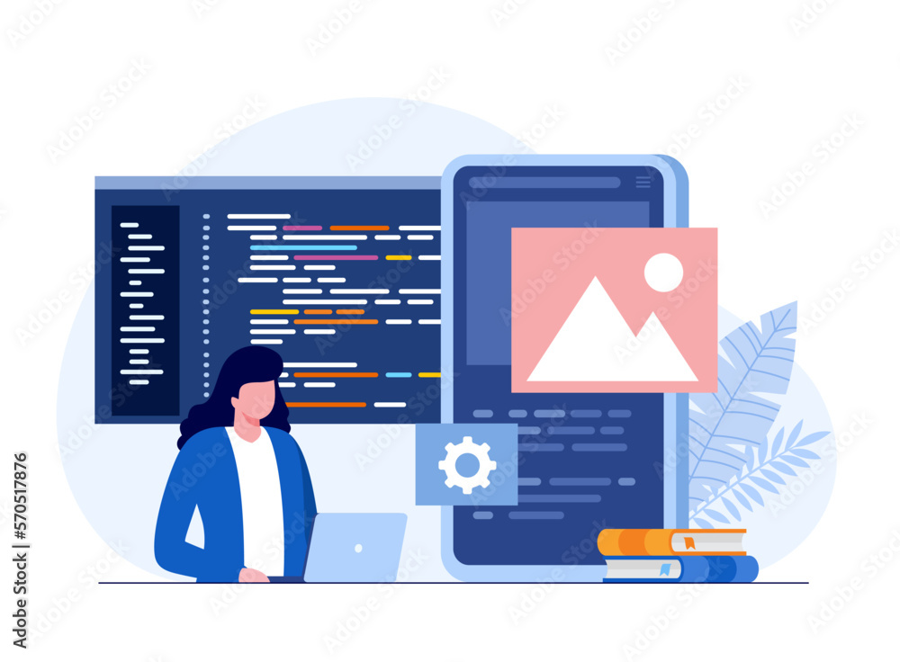 Software development. Web programming languages. css, html, it, ui. programmer cartoon character ...