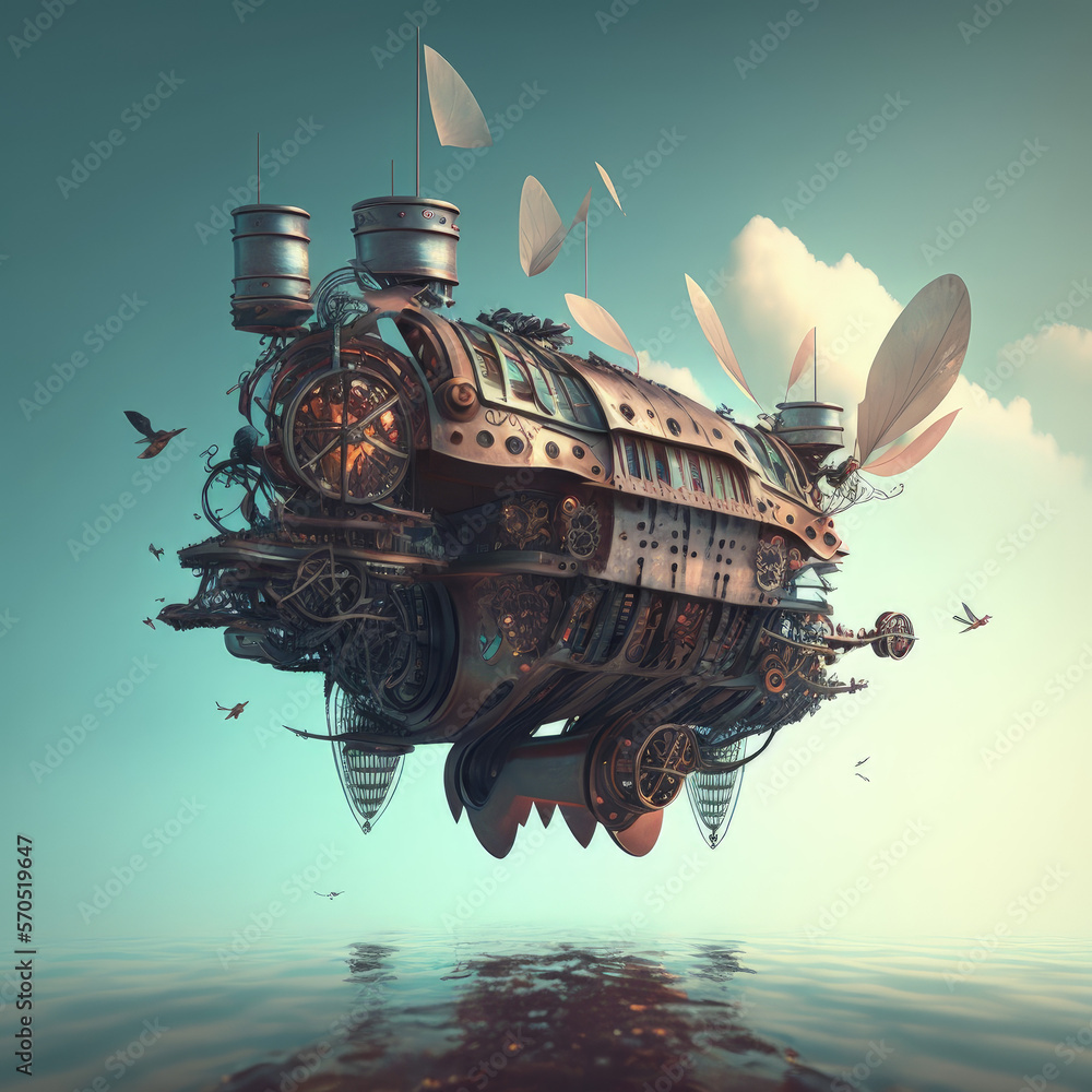 A large flying machine floats above the surface of the water, steampunk ...