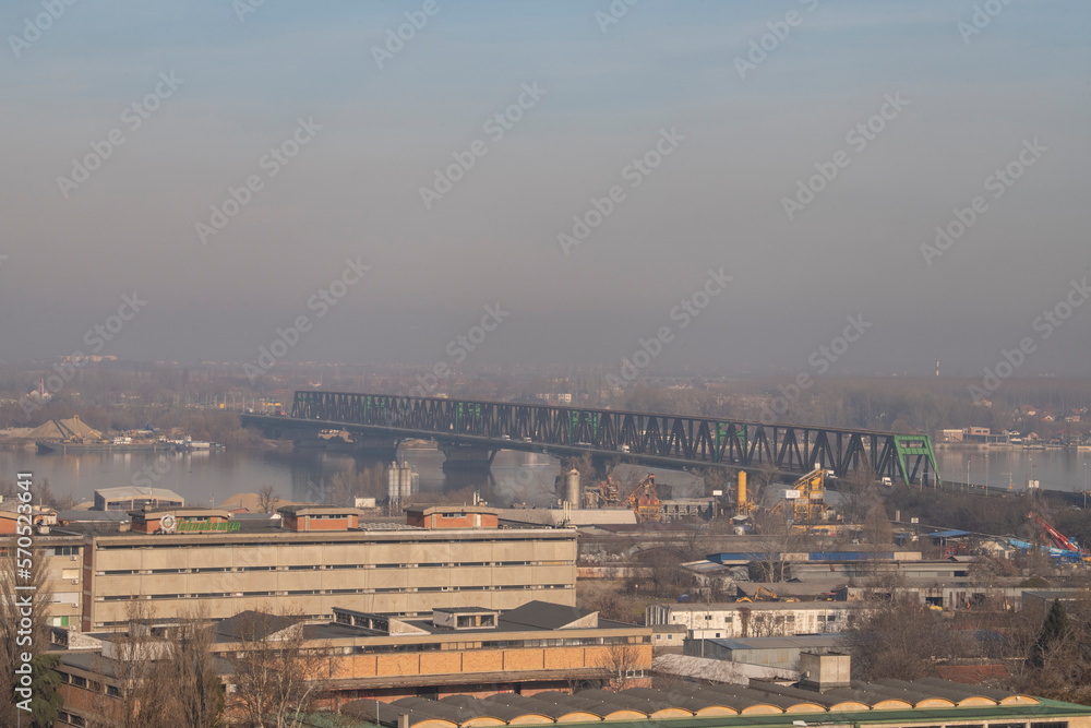 Smog lies over the skyline of Historical architecture of Belgrade city ...