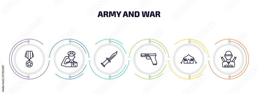 army and war infographic element with outline icons and 6 step or ...