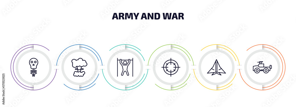 army and war infographic element with outline icons and 6 step or ...
