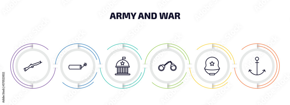 army and war infographic element with outline icons and 6 step or ...