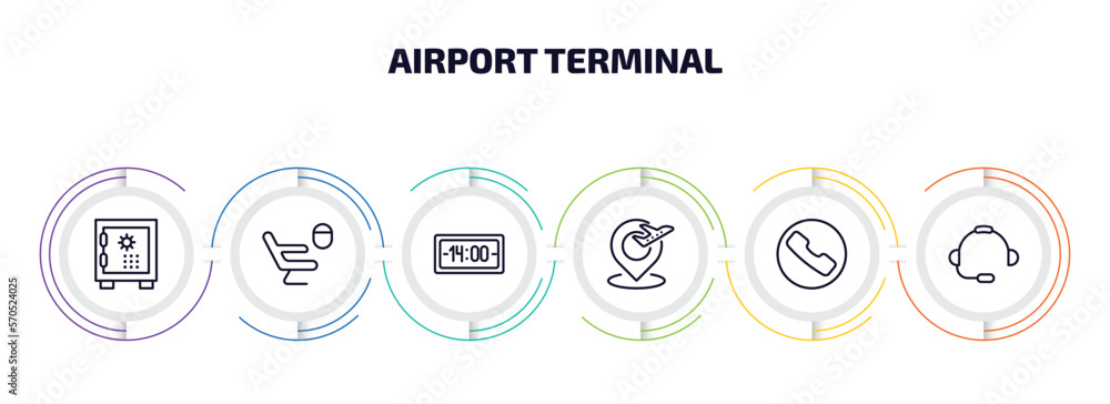 airport terminal infographic element with outline icons and 6 step or ...