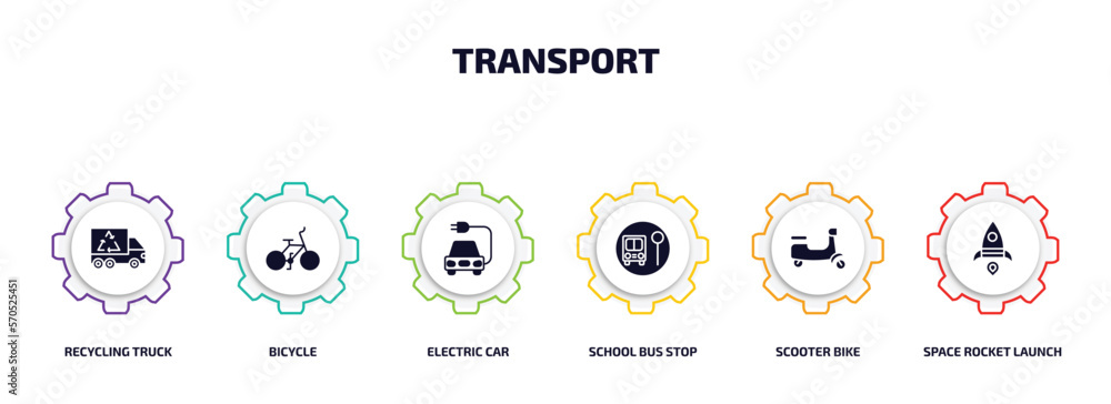 transport infographic element with filled icons and 6 step or option ...