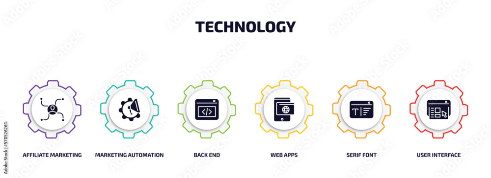 technology infographic element with filled icons and 6 step or option ...
