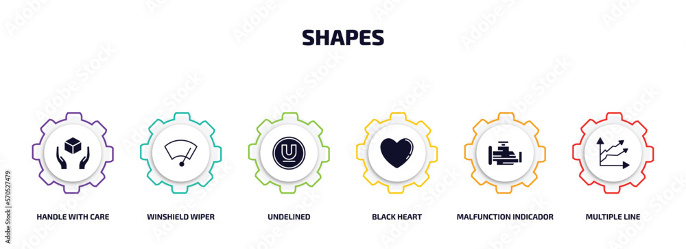 shapes infographic element with filled icons and 6 step or option ...