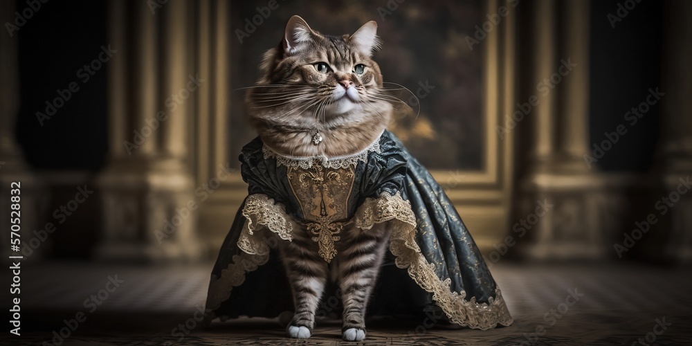 Funny scene of cute cat wearing traditional victorian costume at the ...