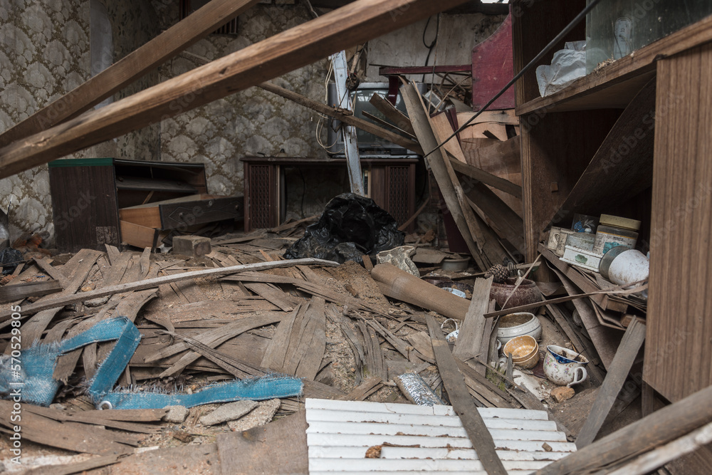 Urbex, destroyed room of an abandoned traditional South-Korean house ...