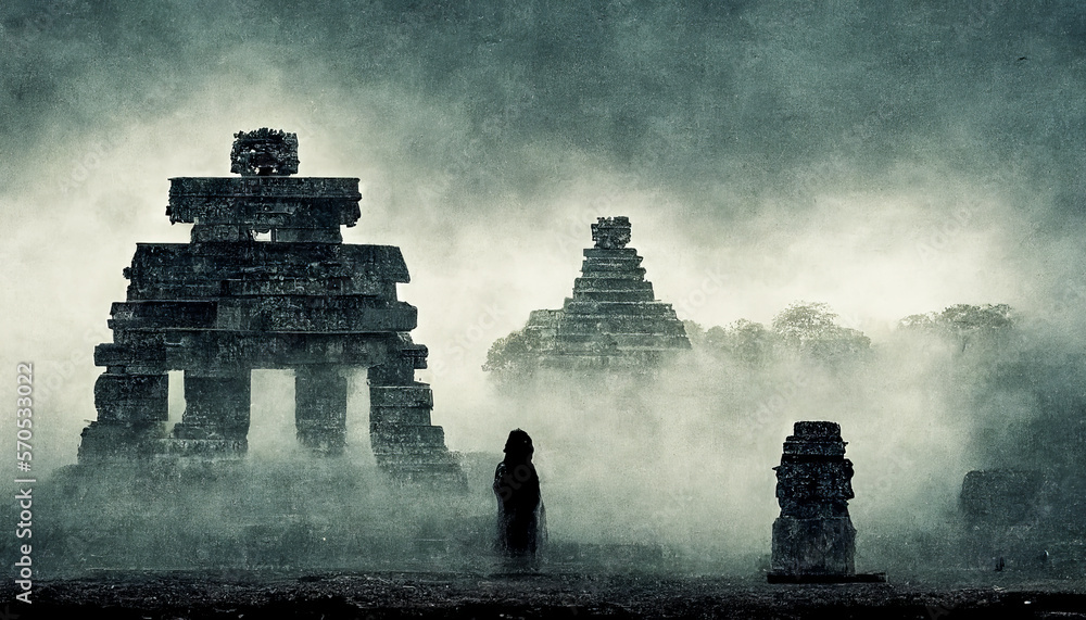 Mystical and mysterious landscape featuring unidentified Maya temples ...