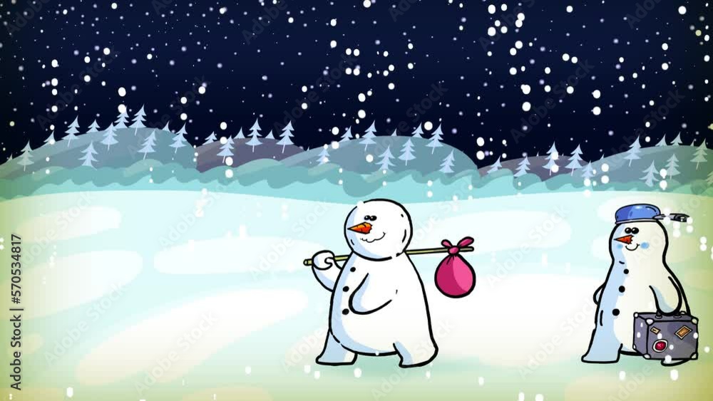 Snowman walking one after another on winter landscape with snow falling ...