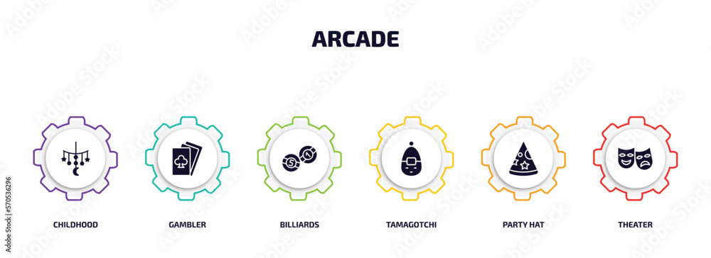 arcade infographic element with filled icons and 6 step or option ...
