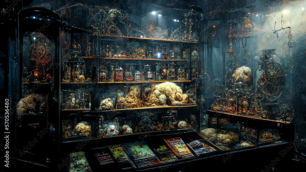Abandoned cabinet of curiosities filled with horrific creatures ...