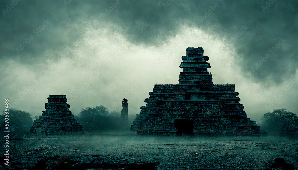 Mysterious, foggy landscape of unidentified Mayan buildings and shrines ...